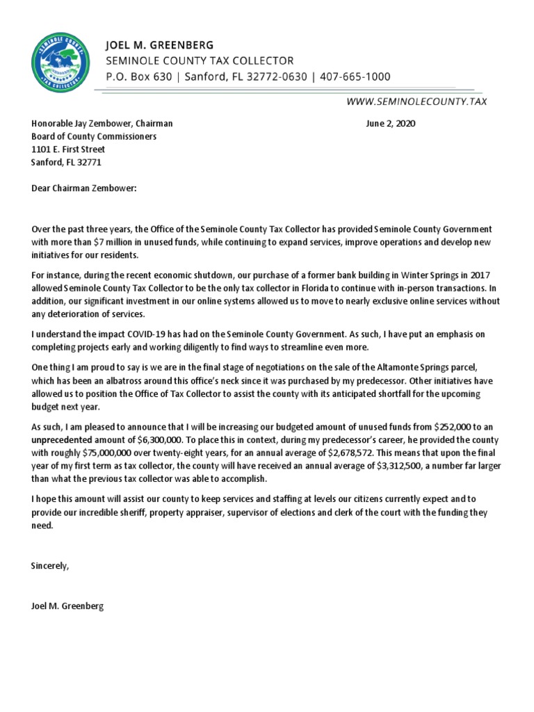 Greenberg Letter To Seminole Board of County Commissioners | PDF