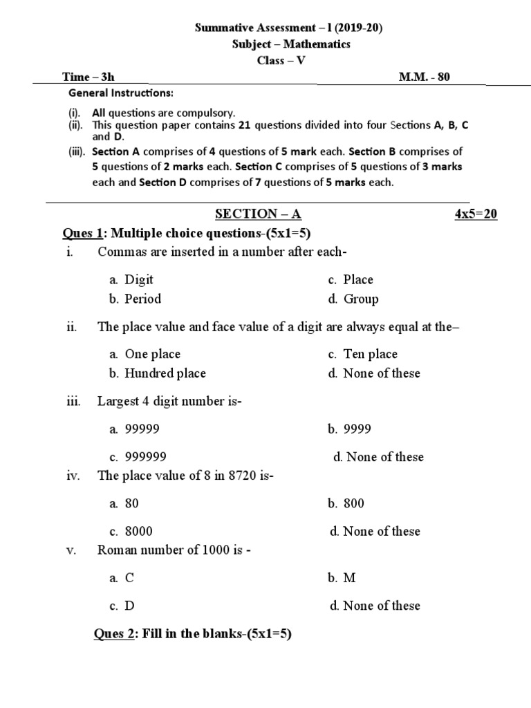 Section - A 4x5 20 Ques 1: Multiple Choice Questions - (5x1 5) | PDF ...