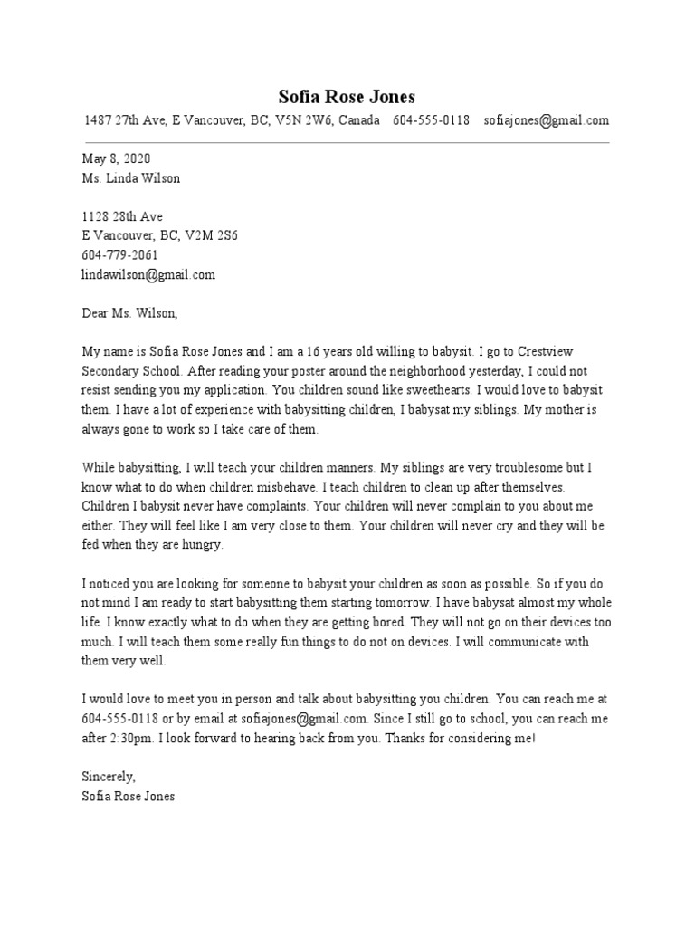 Babysitting Cover Letter and Resume | PDF | Clothing