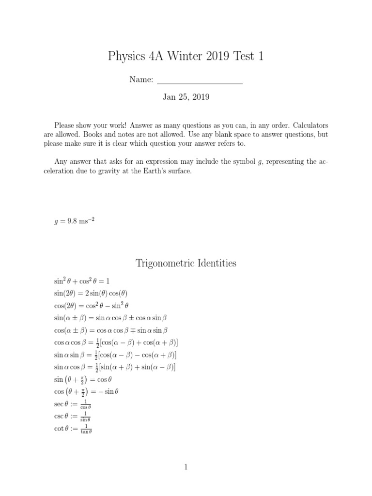 Physics 4A Winter 2019 Test 1: Name: Jan 25, 2019 | PDF | Acceleration ...