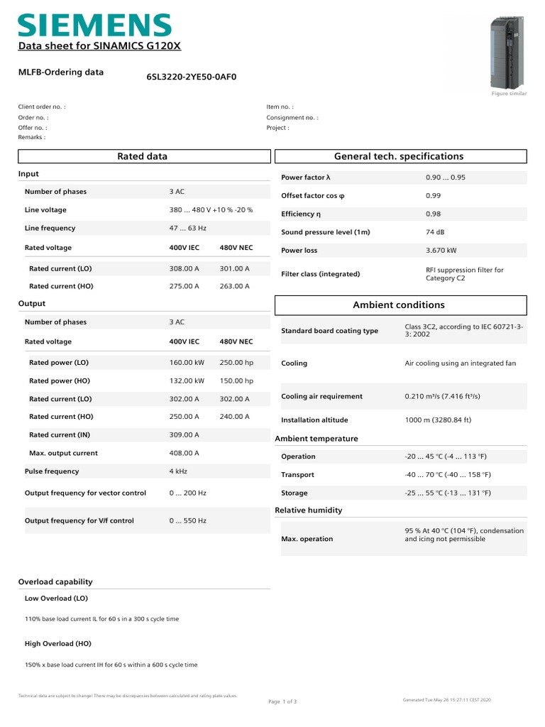 Data Sheet For SINAMICS G120X: Rated Data General Tech. Specifications ...