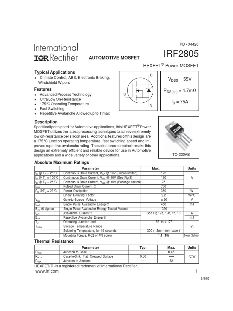 Irf 2805 | PDF | Field Effect Transistor | Diode