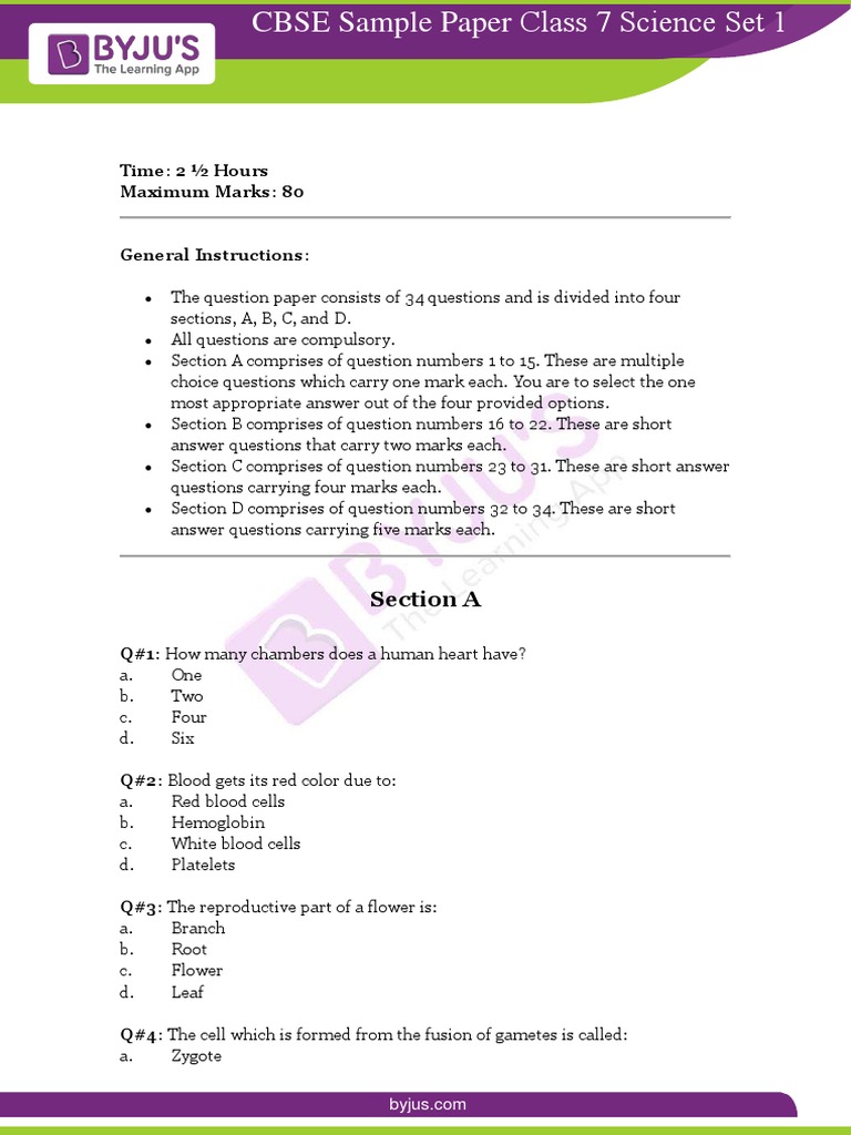 CBSE Sample Paper Class 7 Science Set 1 | PDF | Mirror | Blood