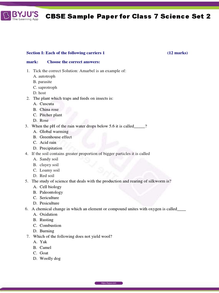 CBSE Class 7 Science Sample Paper Set 2 | PDF | Soil | Plants