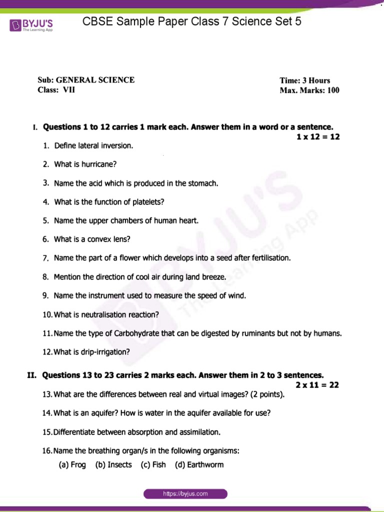 CBSE Sample Paper Class 7 Science Set 5 | PDF | Digestion | Mirror