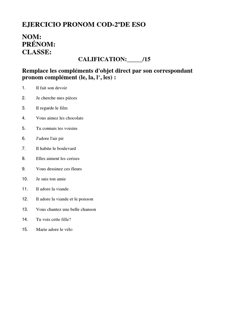 Les Pronoms Cod Exercices Pdf | Les pronoms compléments (COD, COI ...