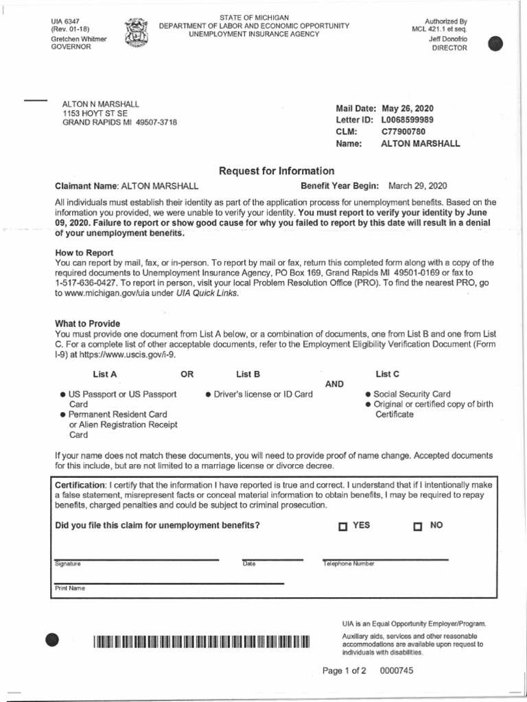 Mi Uia 6347 | Download Free PDF | Unemployment Benefits | Identity Document