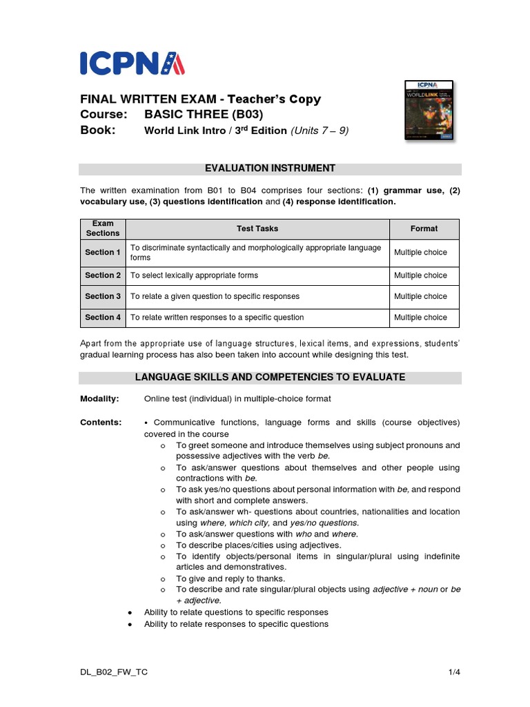 Final Written Exam - Teacher's Copy Course: Basic Three (B03) Book ...