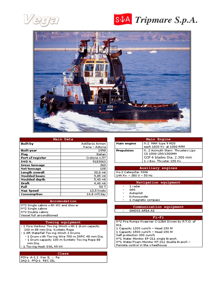 Vega Tripmare S.p.A. tugboat specifications | PDF | Shipping | Water ...