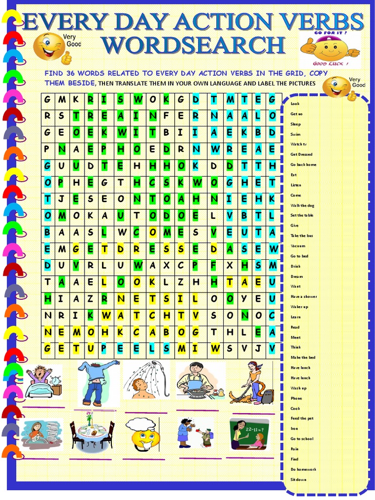 Find 36 Words Related To Every Day Action Verbs in The Grid, Copy Them ...