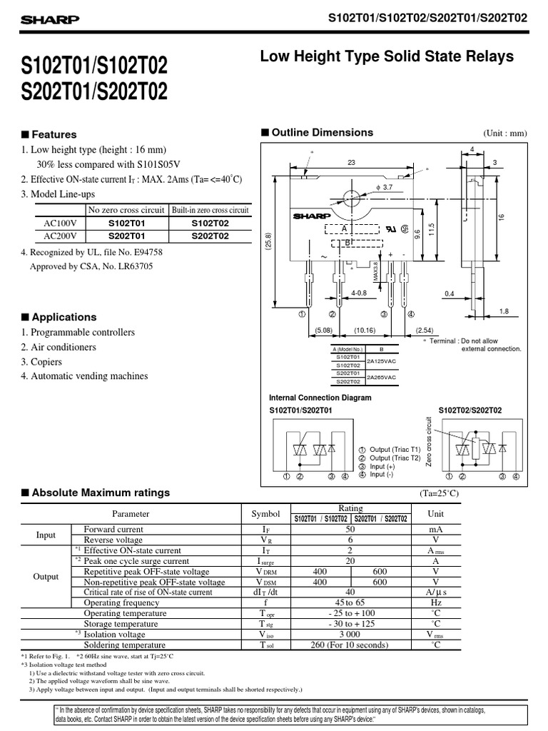 S102T01/S102T02 S202T01/S202T02: Low Height Type Solid State Relays | Download Free PDF | Root ...