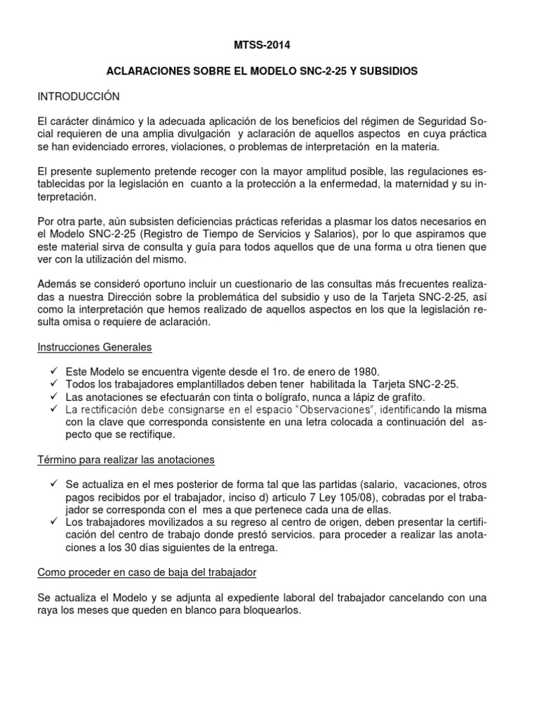 Aclaraciones Sobre SNC-2-25 y Subsidios, MTSS 2014 | PDF | Salario ...