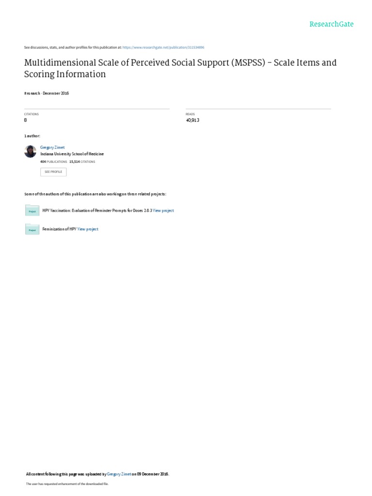 Multidimensional Scale of Perceived Social Support (MSPSS) - Scale ...