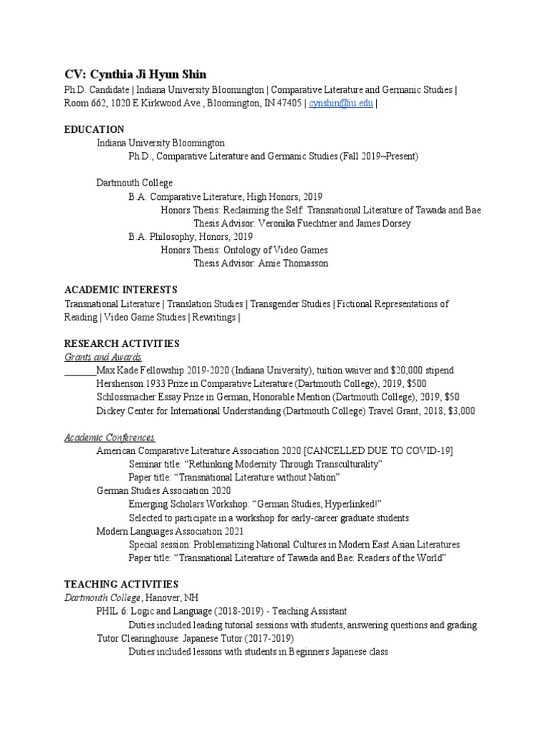 CV: Cynthia Ji Hyun Shin: Education | PDF | Doctor Of Philosophy | Thesis
