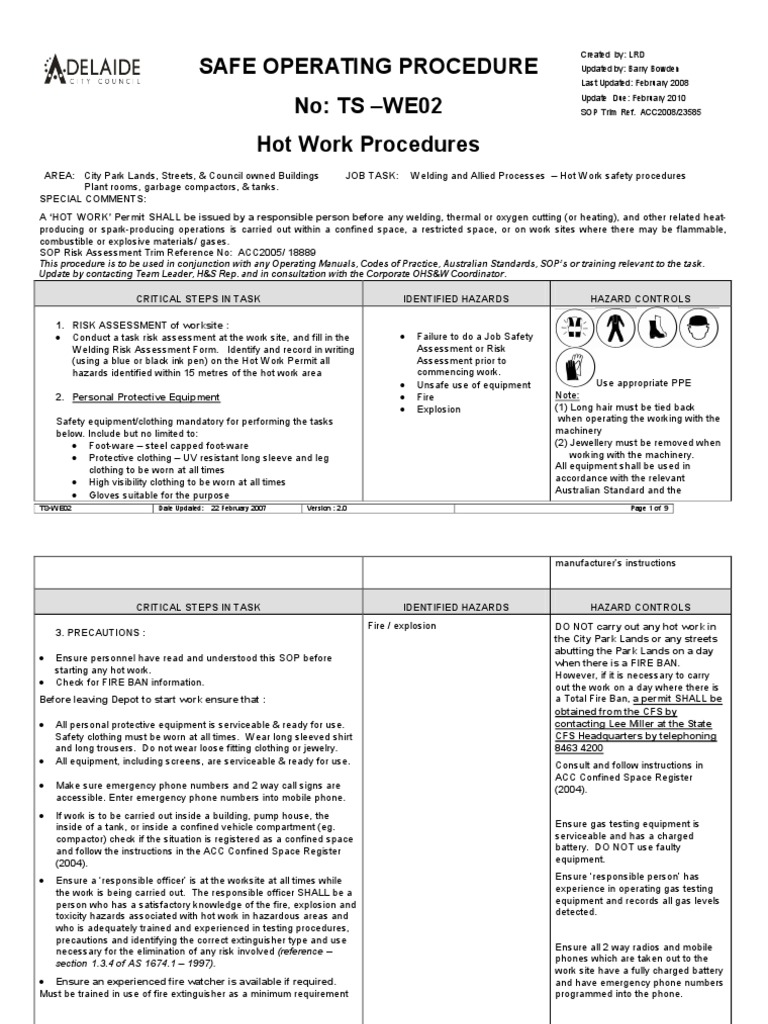 Safe Operating Procedure No: TS - WE02 Hot Work Procedures | PDF | Personal Protective Equipment ...