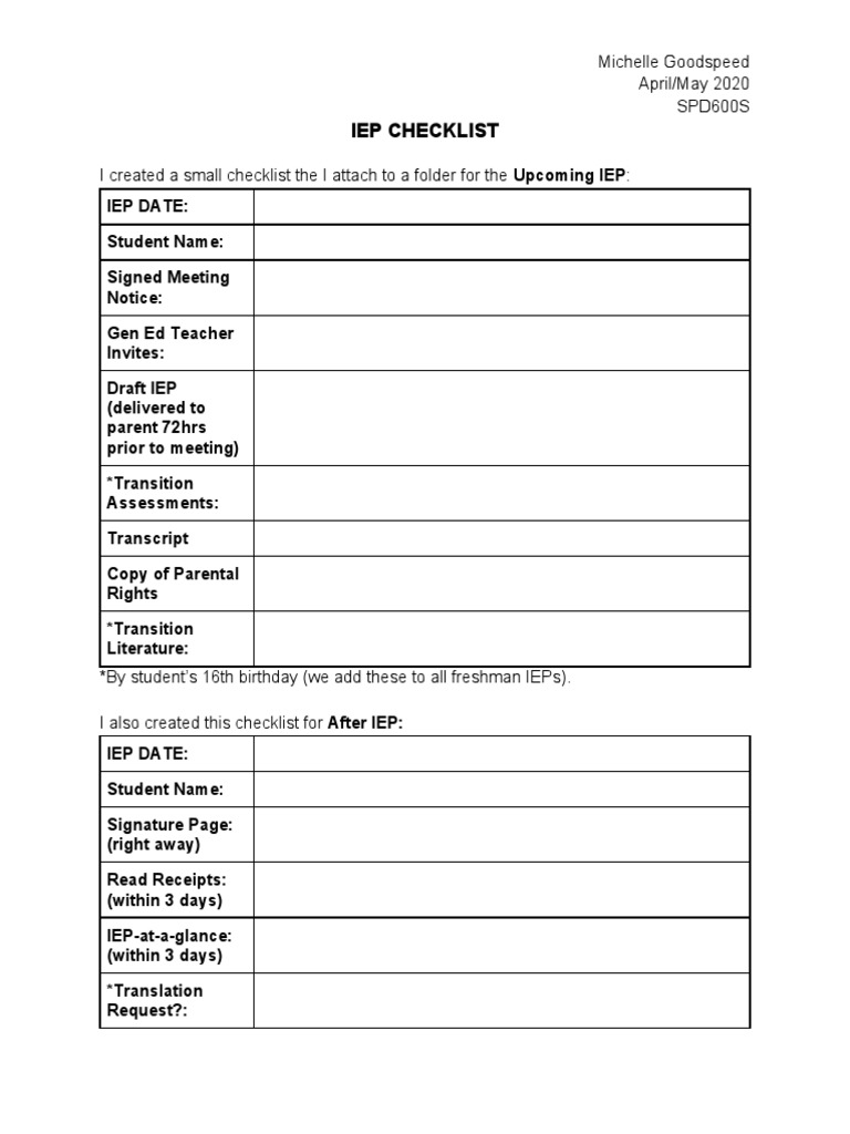 IEP Checklist and Meeting Guidance | PDF | Individualized Education ...