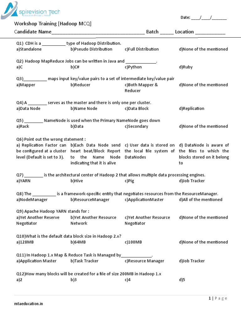 Workshop Training (Hadoop MCQ) Candidate Name - Batch - Location | PDF | Apache Hadoop | Digital ...