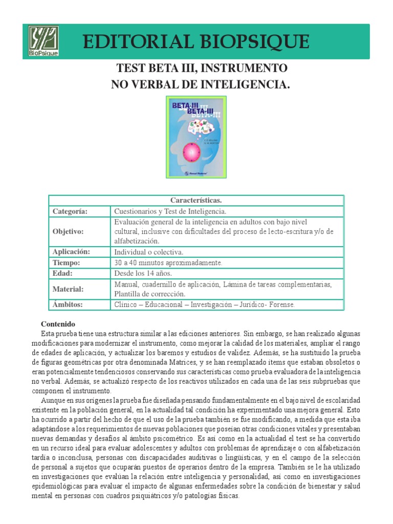 ATI 10 Test Beta III Instrumento No Verbal de Inteligencia | PDF ...