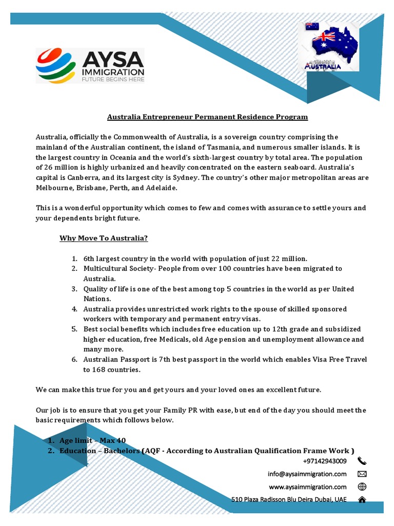 Australia Entrepreneur Permanent Residence Program: An Opportunity for ...