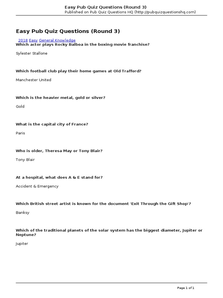 Easy Pub Quiz Questions (Round 3) | PDF