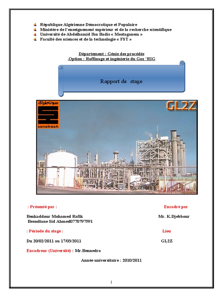 Rapport de stage au complexe GL2Z | PDF | Gaz naturel liquéfié | Gaz ...