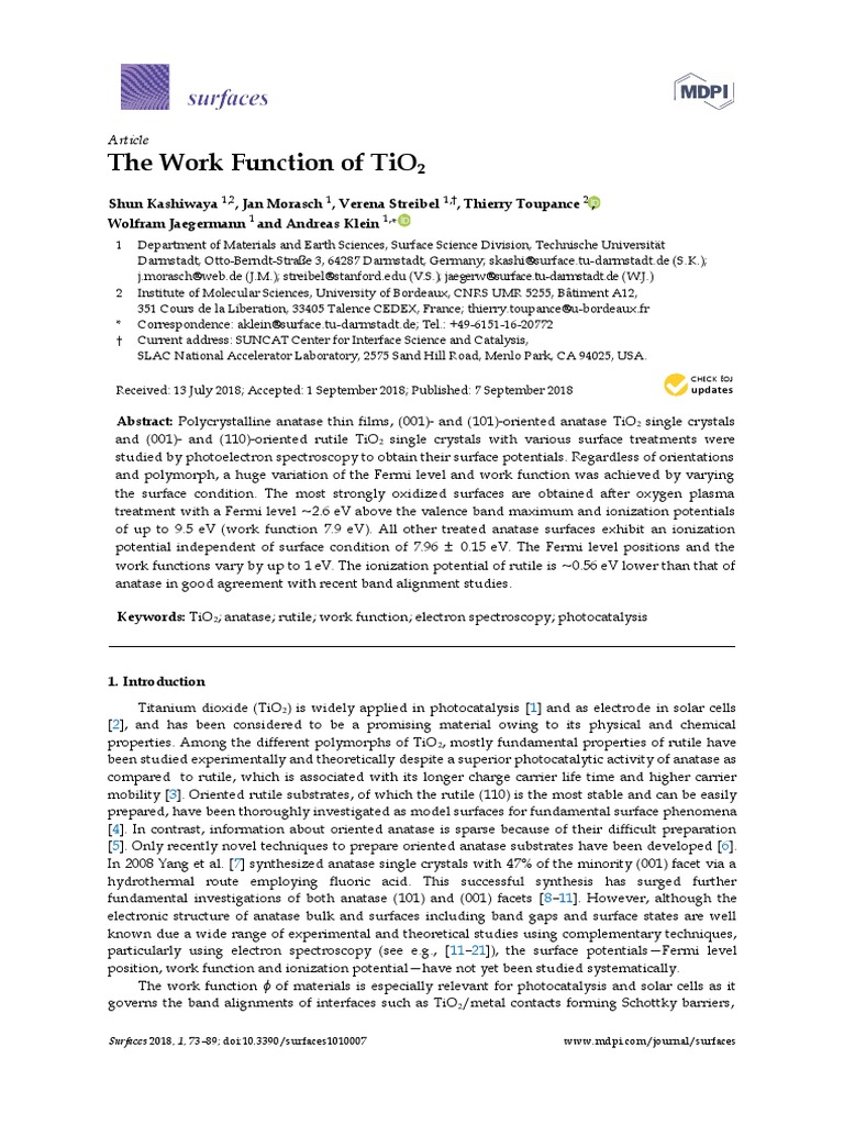 The Work Function of Tio | PDF | X Ray Photoelectron Spectroscopy ...