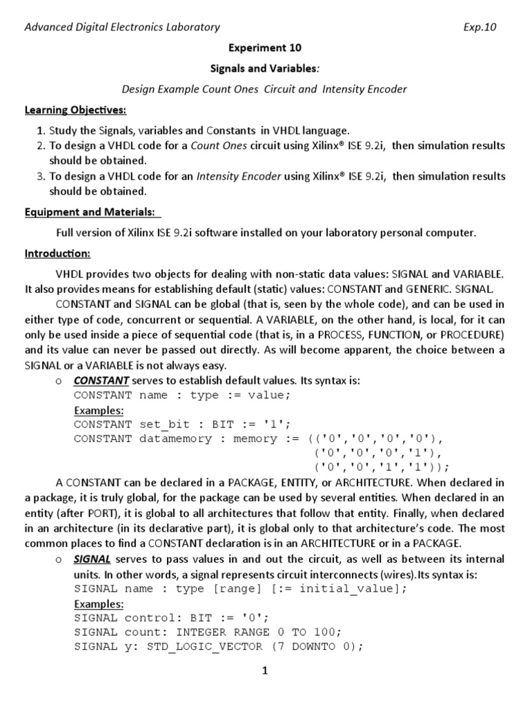 Experiment 10 Signals and Variables | PDF | Vhdl | Subroutine