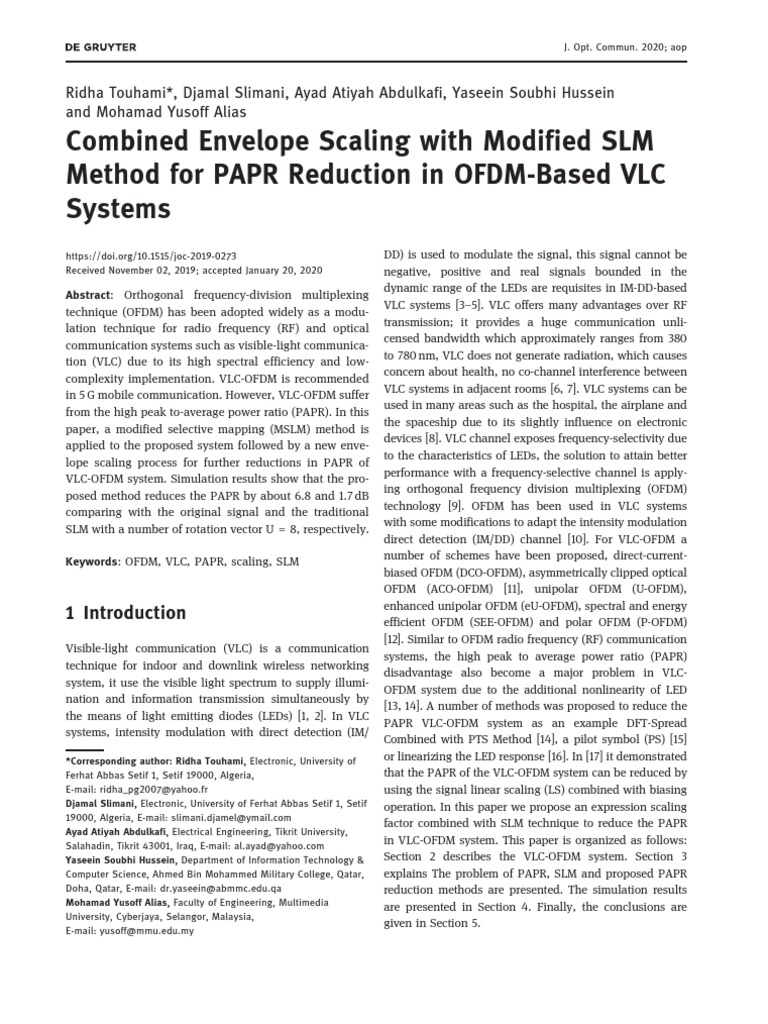 Combined Envelope Scaling With Modified SLM Method For PAPR Reduction in OFDM-Based VLC Systems ...