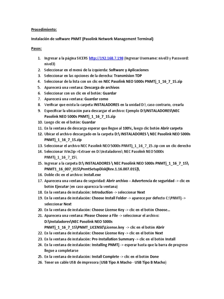 01 - Instalacion de Software PNMTJ 1.16.7.15 (Pasolink NEO) 28-03-11 | PDF | USB | Electrónica