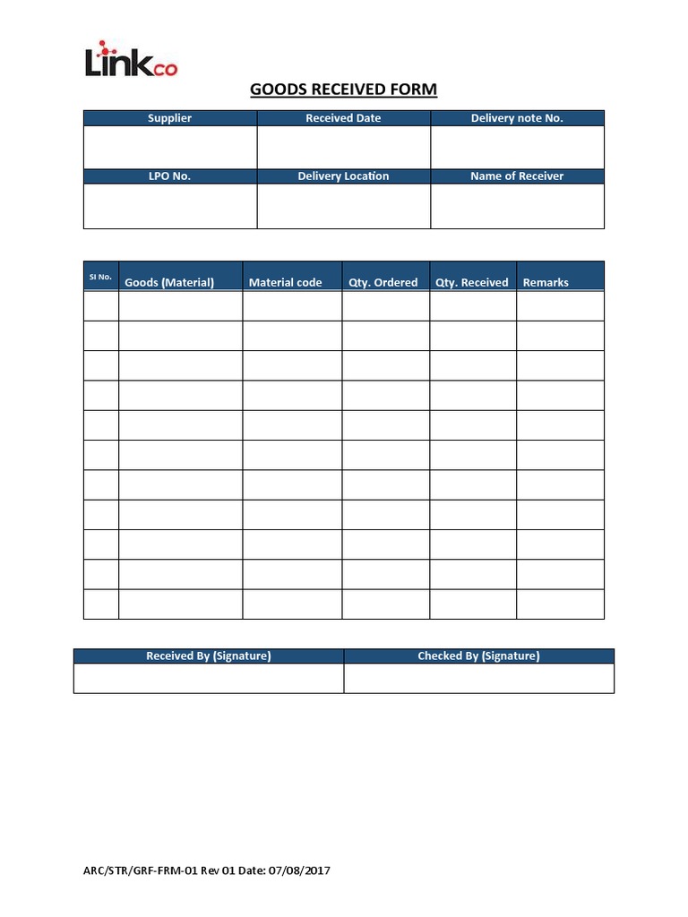 ARC-STR-GRN-FRM-01 - Goods Received Form | PDF
