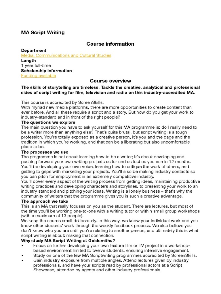 MA Script Writing Course Information: Media, Communications and ...