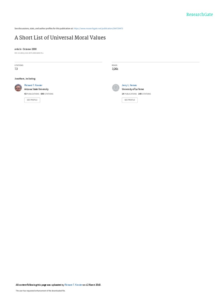 A Short List of Universal Moral Values: October 2000 | PDF