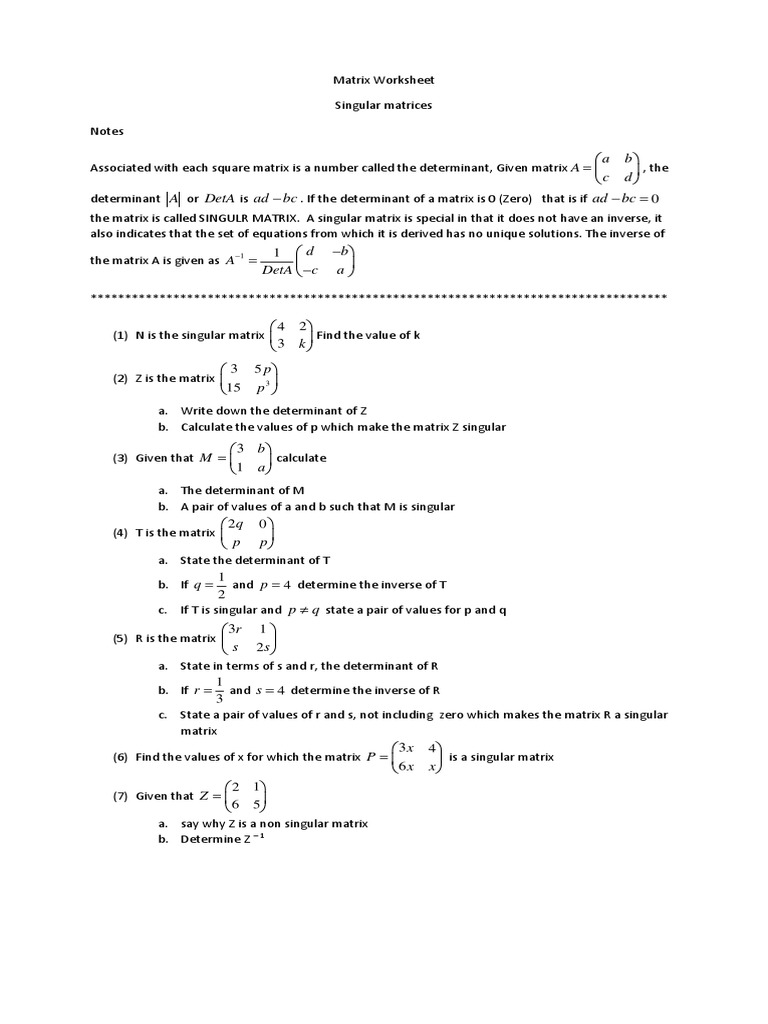 Singular Matrices and Transformation Matrices | PDF | Determinant ...