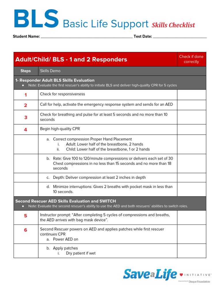 BLS Skills Checklist | PDF | Cardiopulmonary Resuscitation | Medical ...