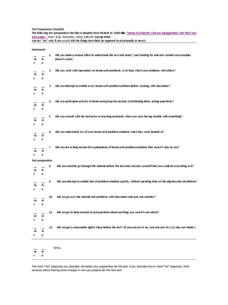 Test Preparation Checklist | PDF