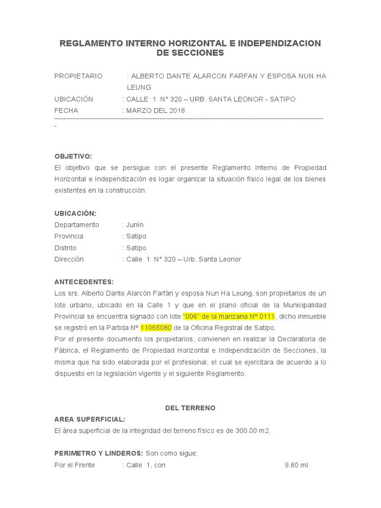 REGLAMENTO INTERNO Dante Alarcon | PDF | Condominio | Derecho y economía