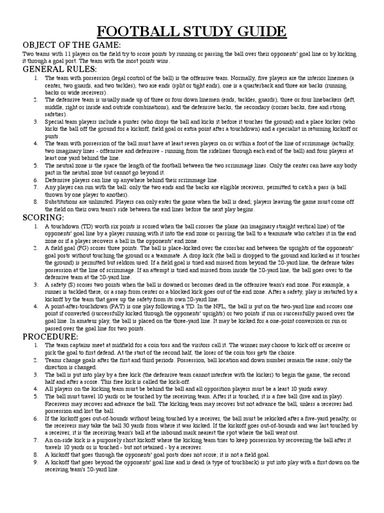 Football Study Guide: Object of The Game: General Rules | PDF ...