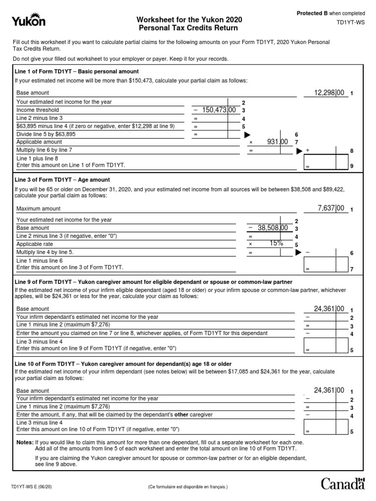 Worksheet For The Yukon 2020 Personal Tax Credits Return: When ...