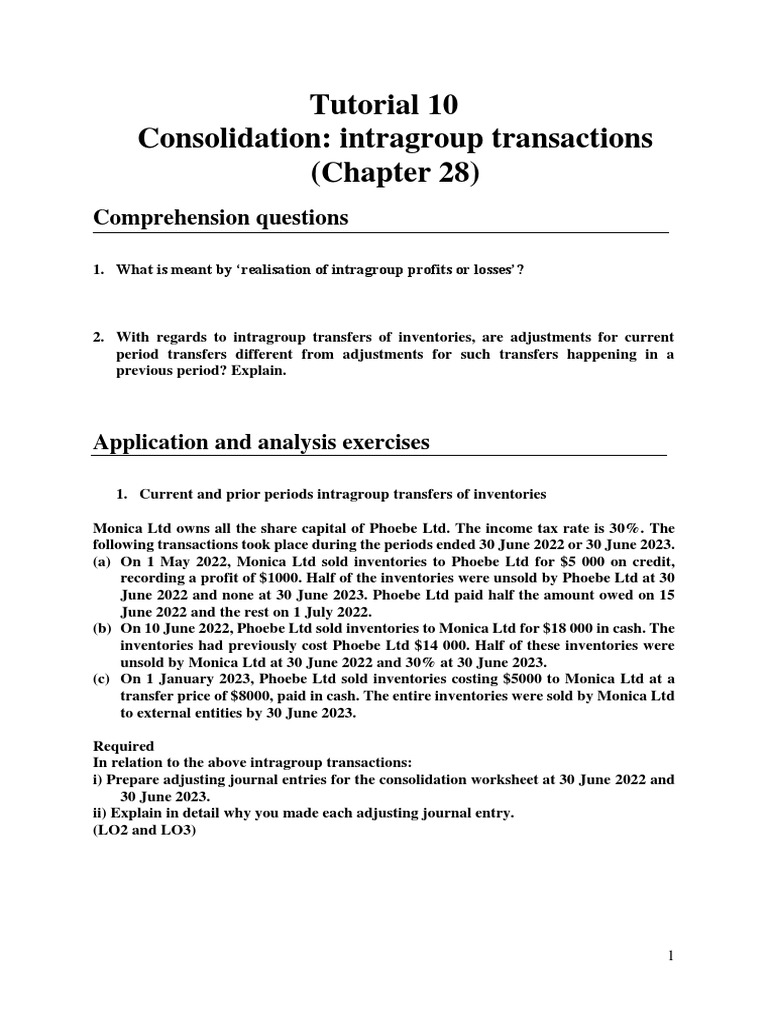 Tutorial 10 Consolidation: Intragroup Transactions (Chapter 28) | PDF | Consolidation (Business ...