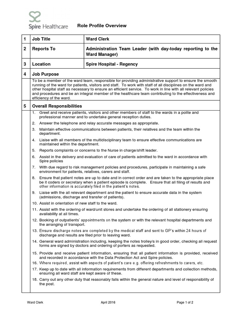 Ward Clerk Job Description and Duties | PDF | Patient | Caregiver