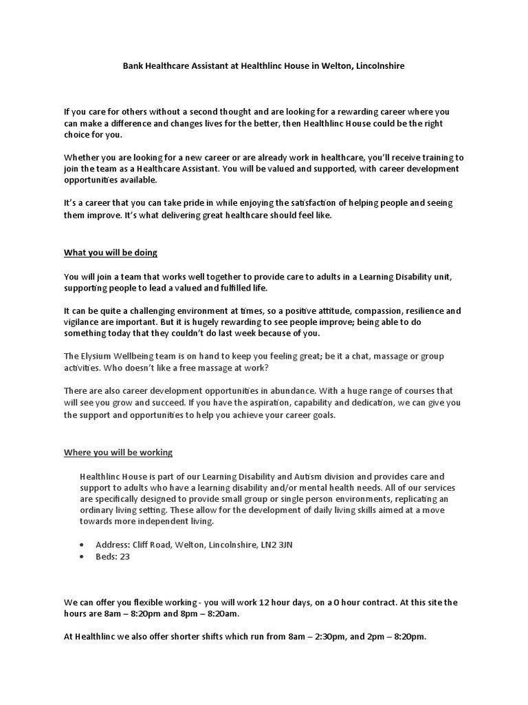 Bank Healthcare Assistant at Healthlinc House in Welton, Lincolnshire ...