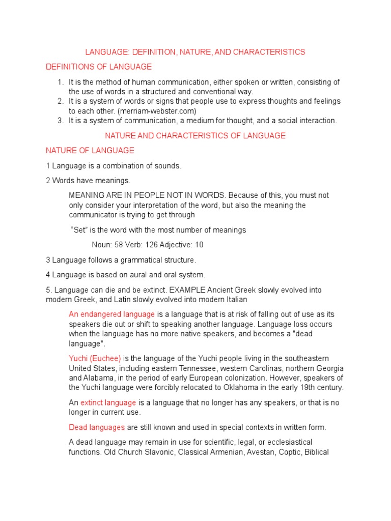 Language: Definition, Nature, and Characteristics Definitions of ...