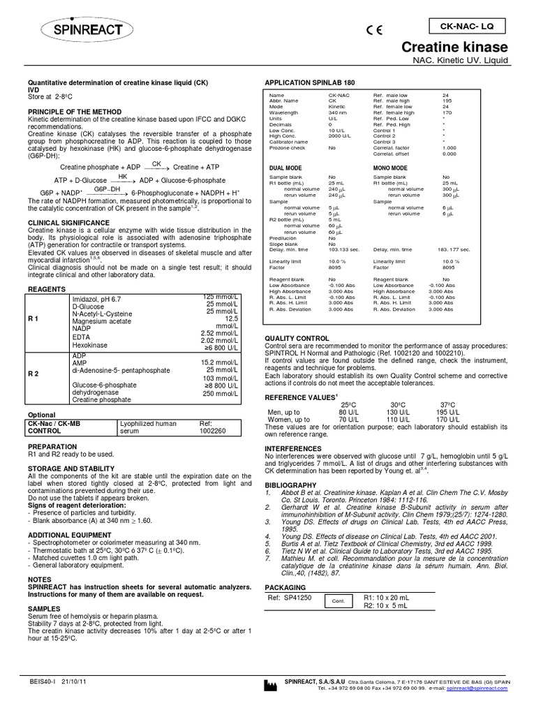 Creatine Kinase CK-NAC Kinetic Method | PDF | Chemistry | Nature