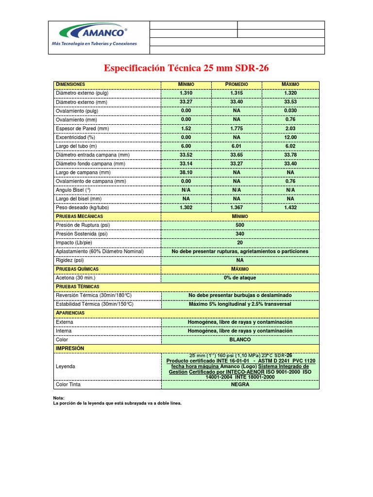 Especificación Técnica SDR 26 | PDF | Presión | Unidades de medida