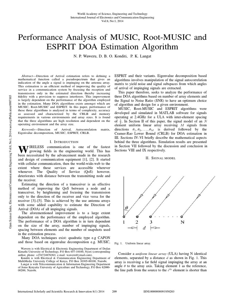Performance Analysis Of Music Root Music And Esprit Doa Estimation Algorithm Pdf Pdf Linear