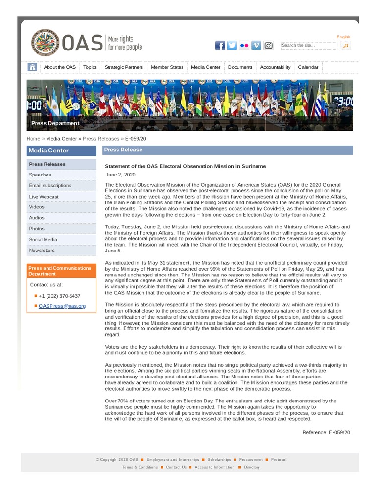 Statement of The OAS Electoral Observation Mission in Suriname June 2 ...