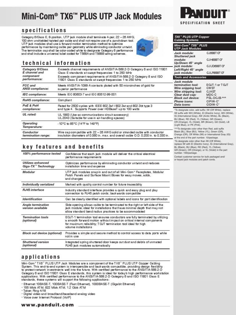 Mini-Com TX6 PLUS UTP Jack Modules: Specifications | PDF | Electrical ...