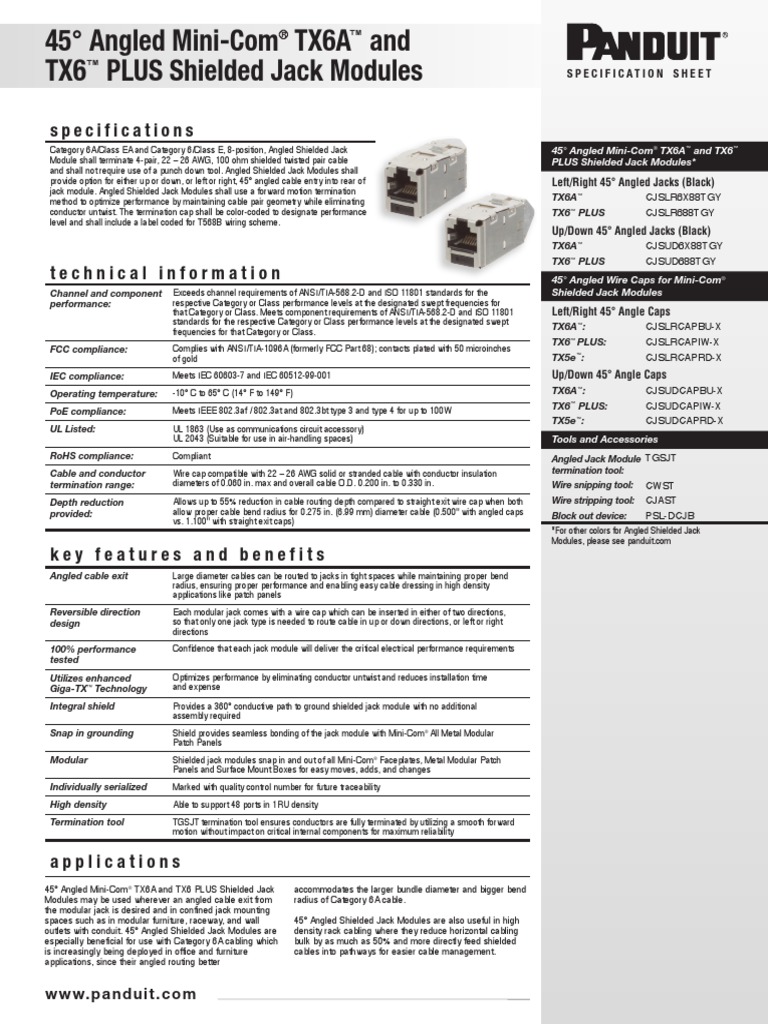 45° Angled Mini-Com Tx6A and TX6 PLUS Shielded Jack Modules ...