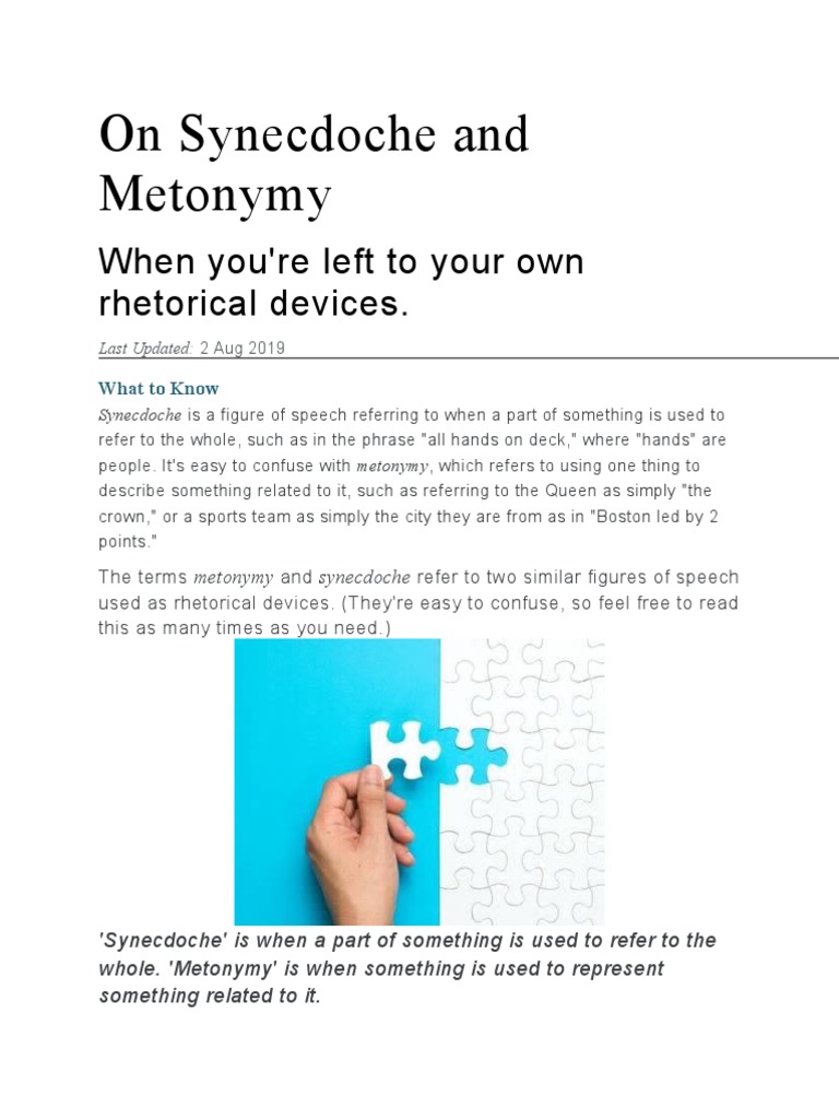 Synecdoche vs. Metonymy Guide | PDF | Rhetorical Techniques | Semiotics
