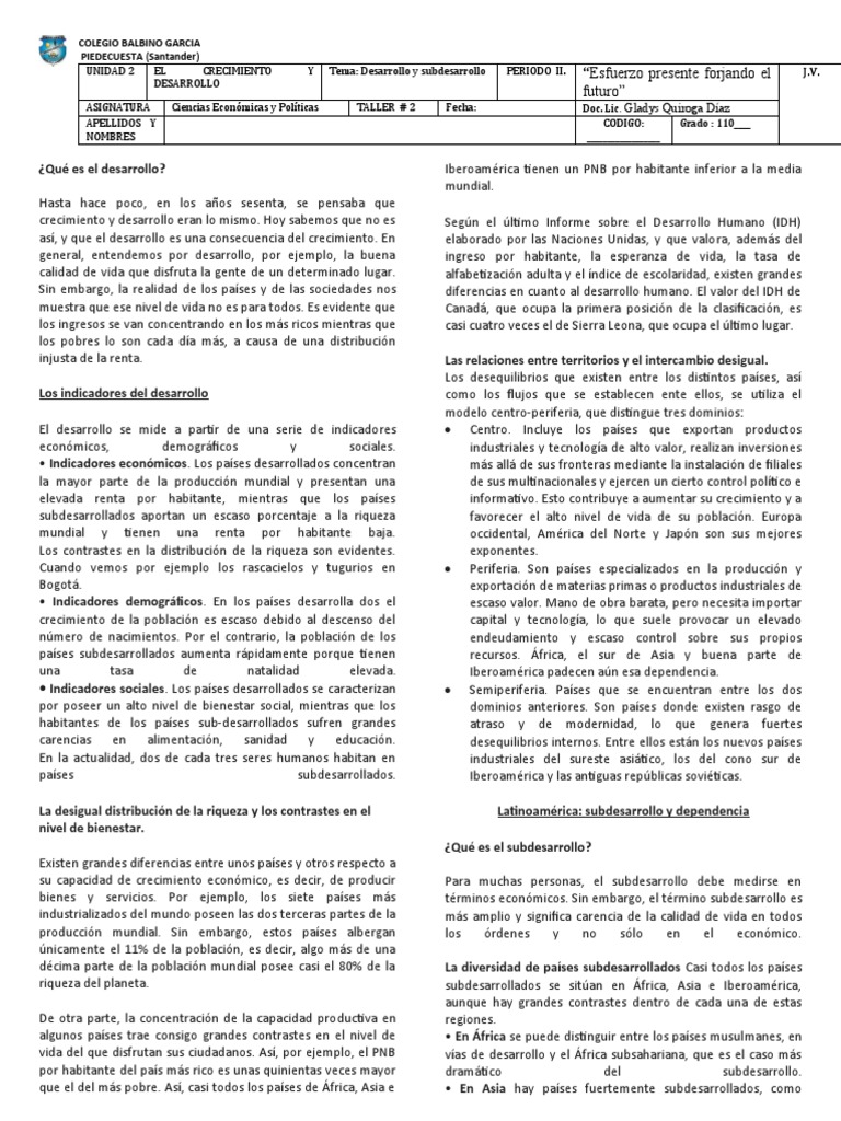 Guia # 2. Desarrollo y Subdesarrollo 3 | PDF | Población mundial ...